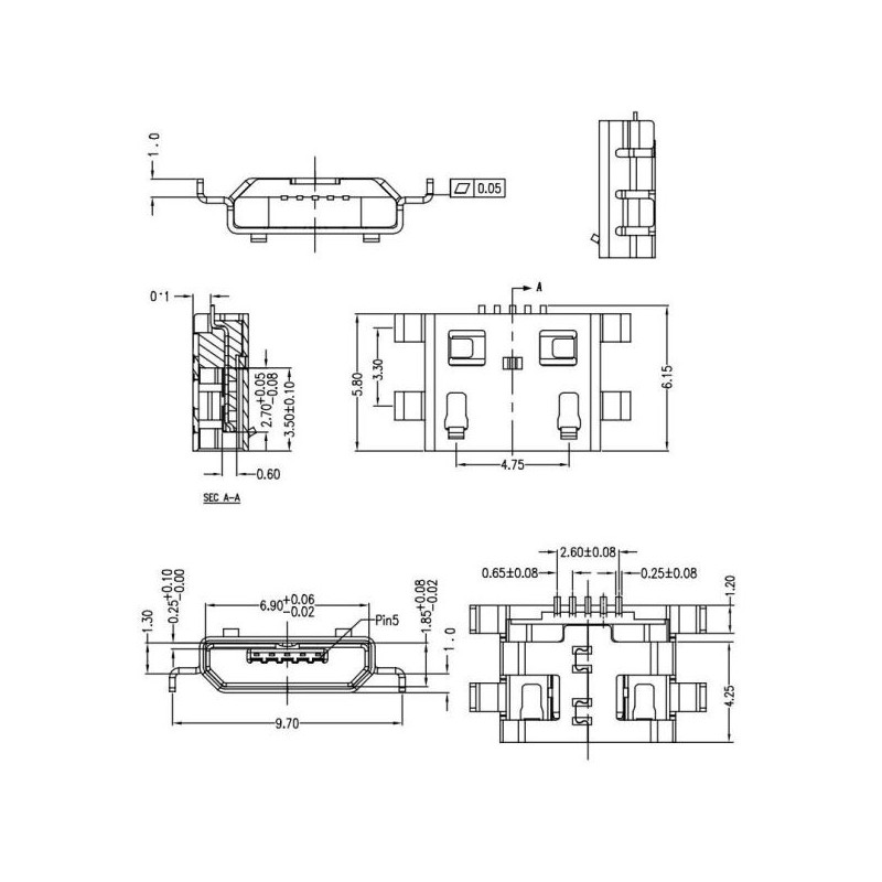 CONECTOR MICRO USB 5PIN 0.8MM HEMBRA PIN DE CARGA