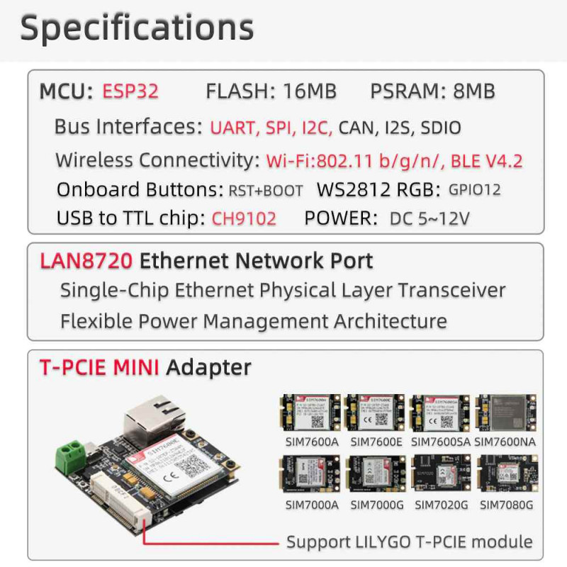 MODULO T-INTERNET-COM ESP32 LAN8720 ETHERNET CON T-PCIE 4G -12