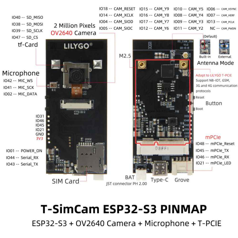T-SIMCAM ESP32 CÁMARA COMPATIBLE CON PCIE SIM 3G 4G LTE