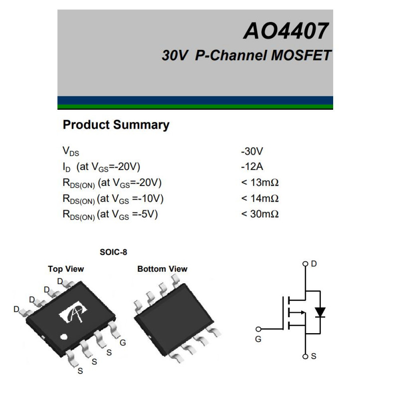 AO4407 TRANSISTOR MOSFET SMD CANAL P 30V 12A