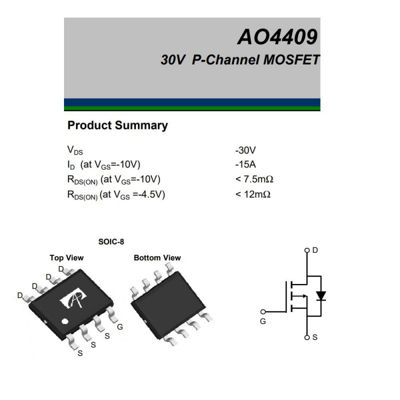 AO4409 TRANSISTOR MOSFET SMD CANAL P 30V 15A