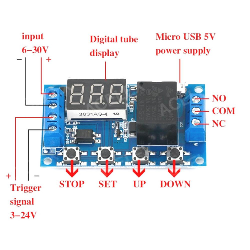 TEMPORIZADOR CON RELE 5V USB TRIGGER 12V 24V PROGRAMABLE