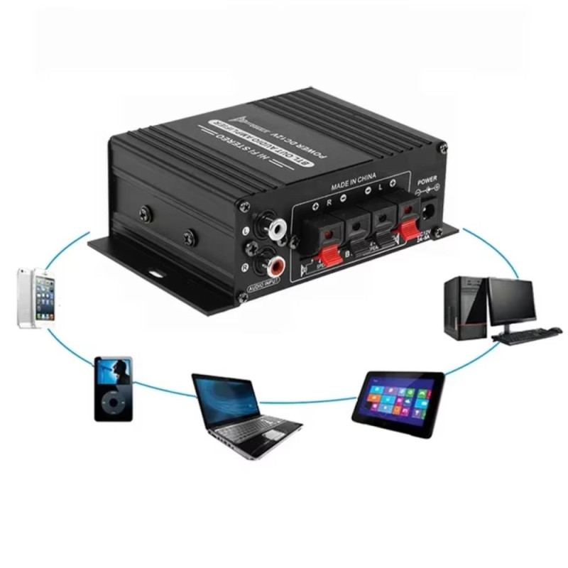KIT AMPLIFICADOR AUDIO ESTEREO 100W MOTO + FUENTE + CABLE