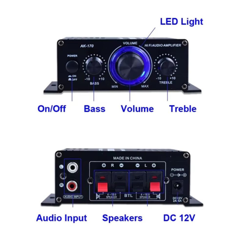 KIT AMPLIFICADOR AUDIO ESTEREO 100W MOTO + FUENTE + CABLE