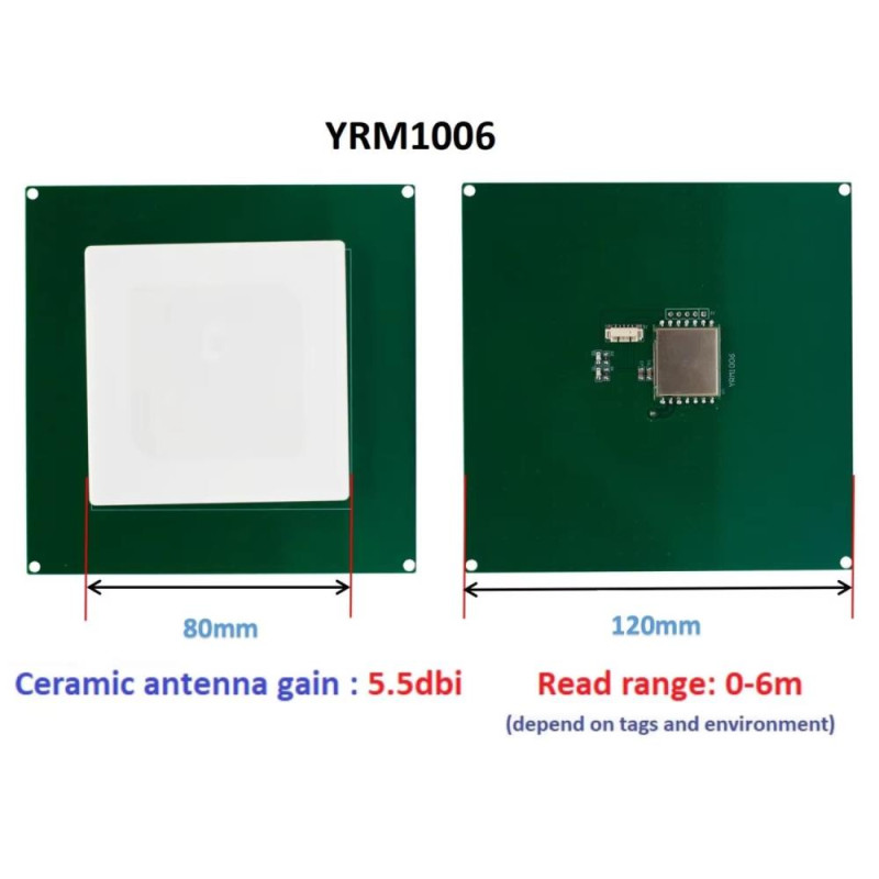 MODULO LECTOR RFID UHF LARGO ALCANCE 6M 5.5DBI 80X120 UART USB