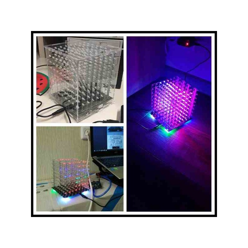 KIT CUBO LED 8X8X8 MULTICOLOR CON MÚSICA MP3, CONTROL