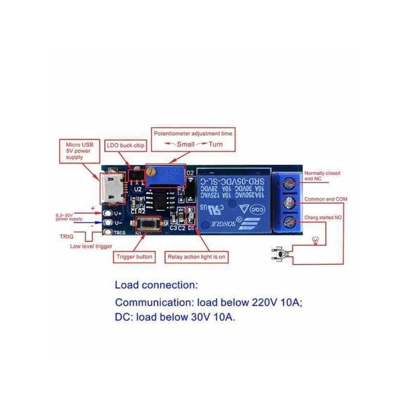 MODULO TEMPORIZADOR INTERRUPTOR CON RELE USB 5V/30VDC