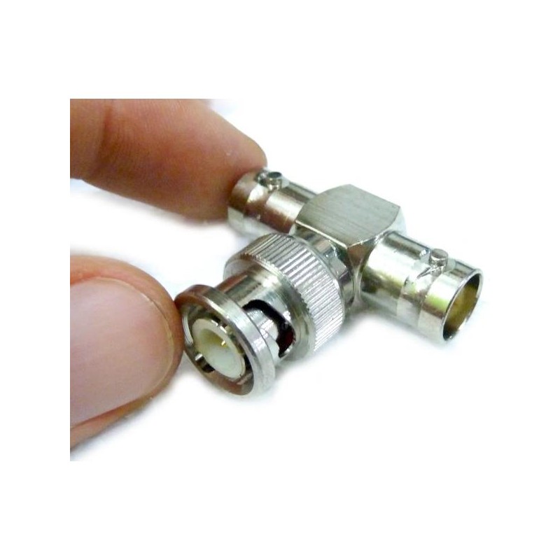 CONECTOR ADAPTADOR EN T DE BNC MACHO A BNC HEMBRA DOBLE